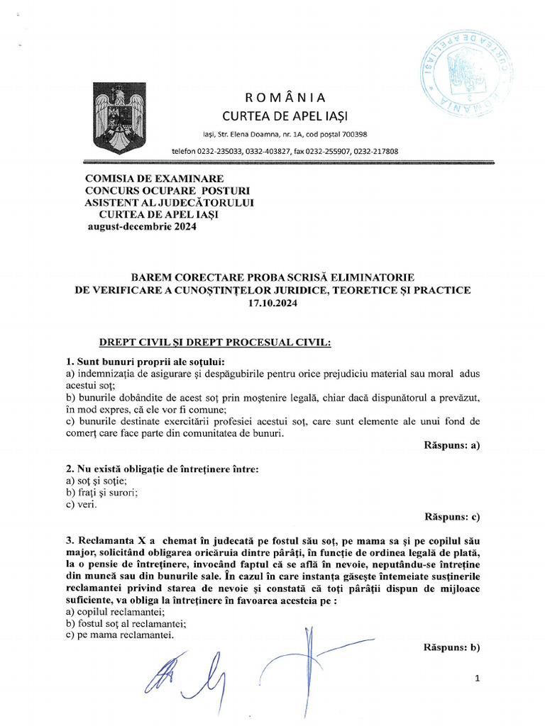 Barem de Corectare Lucrare Scrisă Concurs Asistent Al Judecătorului | PDF