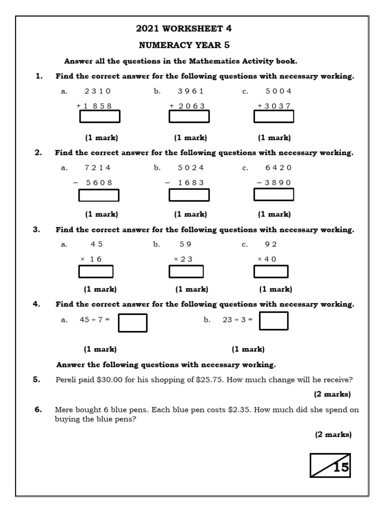 21 Y5 Numeracy Worksheet 4 | PDF