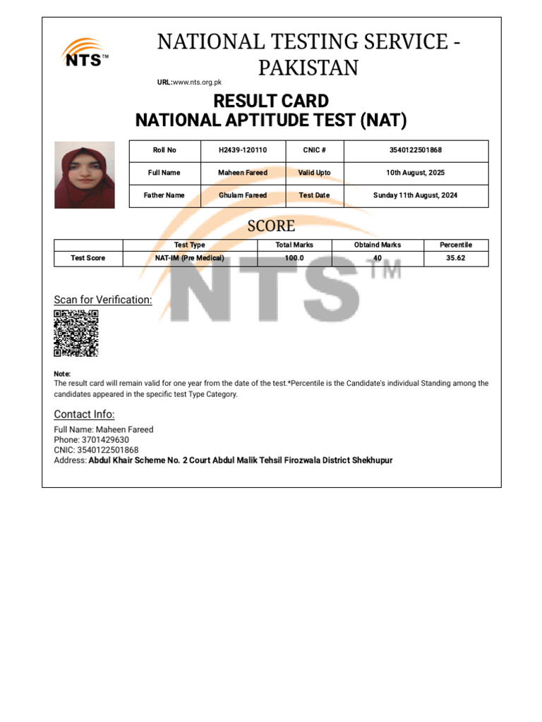 NTS - (NAT) Result Card | PDF