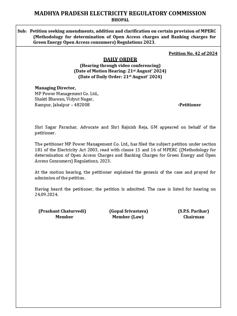 MPERC Petition No 42 2024 DO 21 08 2024 | PDF