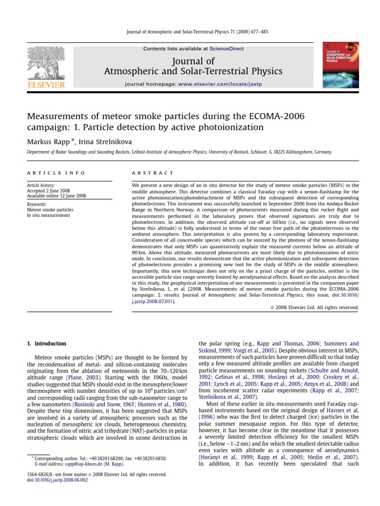 Measurements of Meteor Smoke Particles | PDF | Photoelectric Effect ...