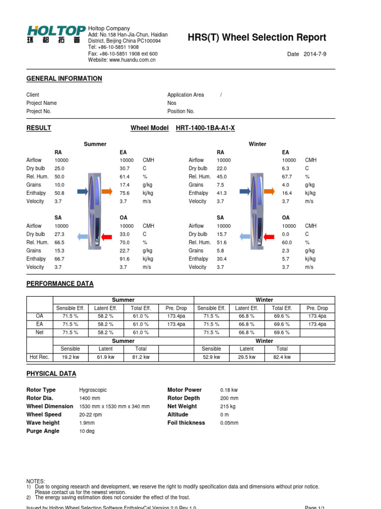 Heat Recovery Wheel Selection HRT-1400-1BA-A1-X | PDF | Physical ...