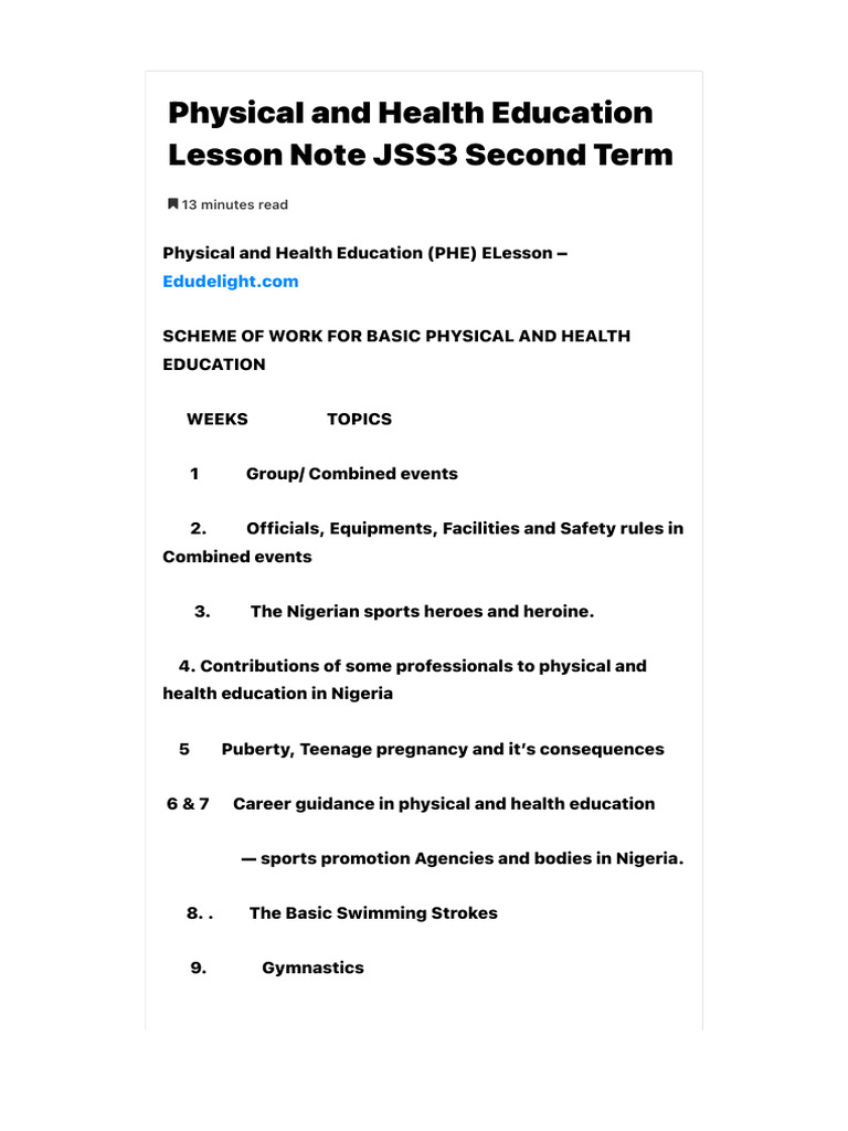 Physical and Health Education Lesson Note JSS3 Second Term | PDF ...