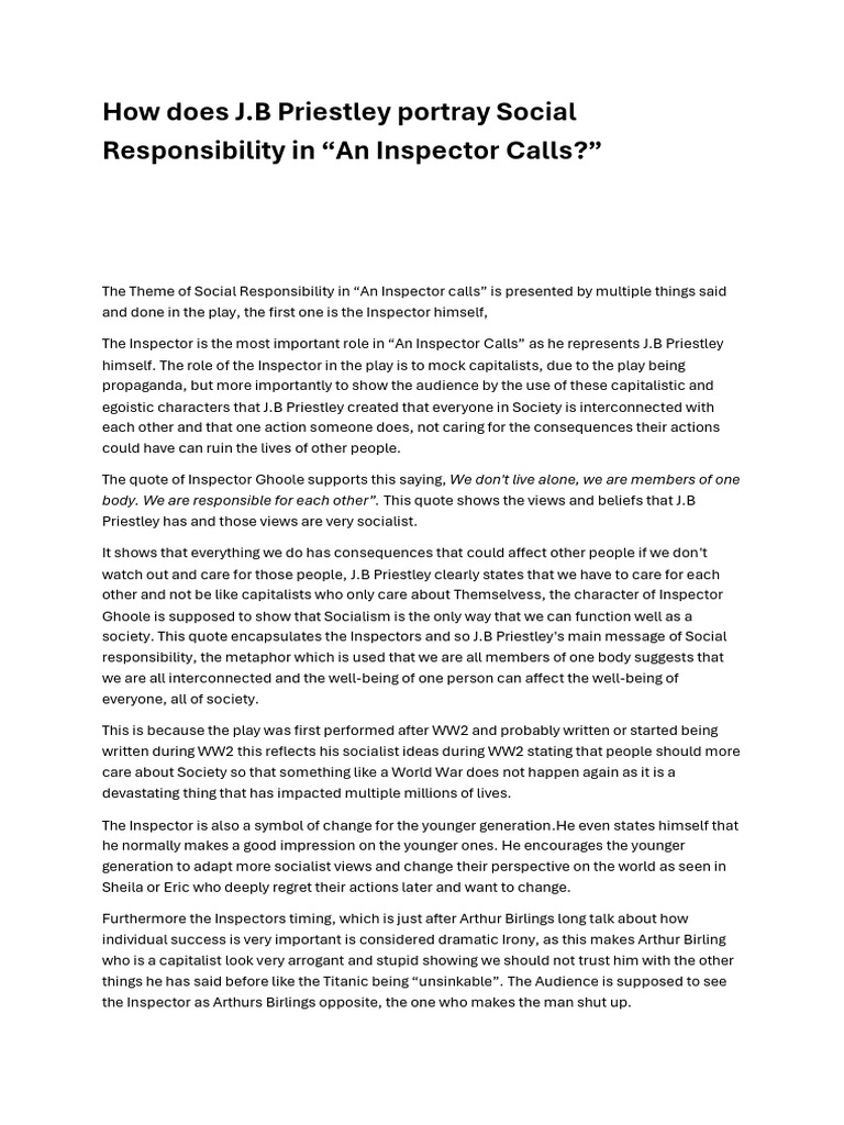 Priestley's Social Responsibility in An Inspector Calls | PDF