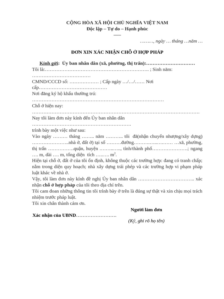 Mau Don Xin Xac Nhan Cho o Hop Phap | PDF