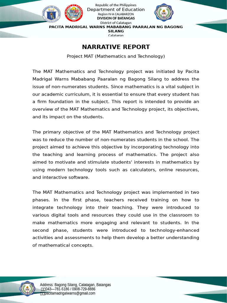 PROJECT MAT - Narrative Report | PDF | Mathematics | Teachers