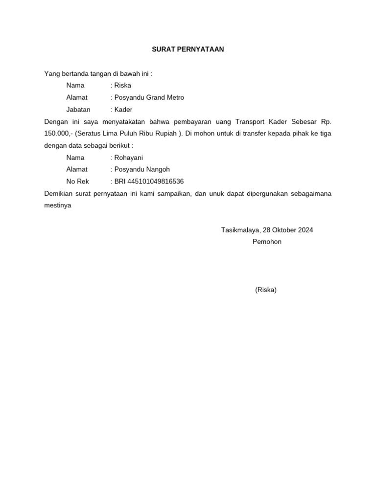 Surat Pernyataan Kader | PDF