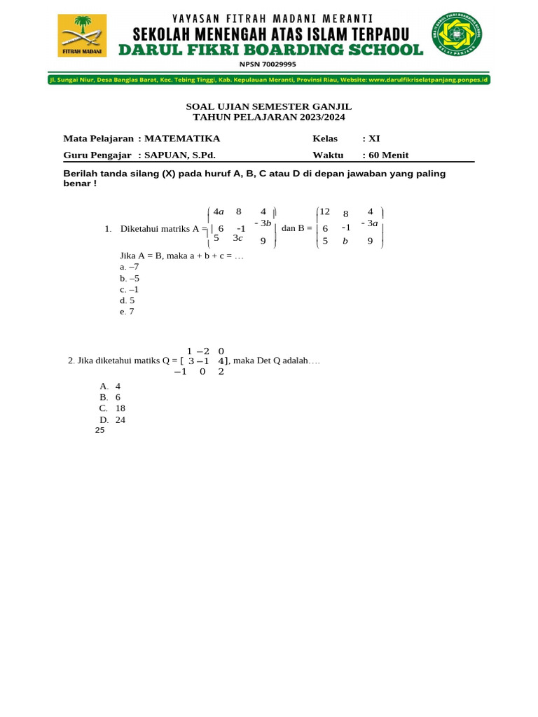 SOAL UJIAN SMA MTK Wajib | PDF