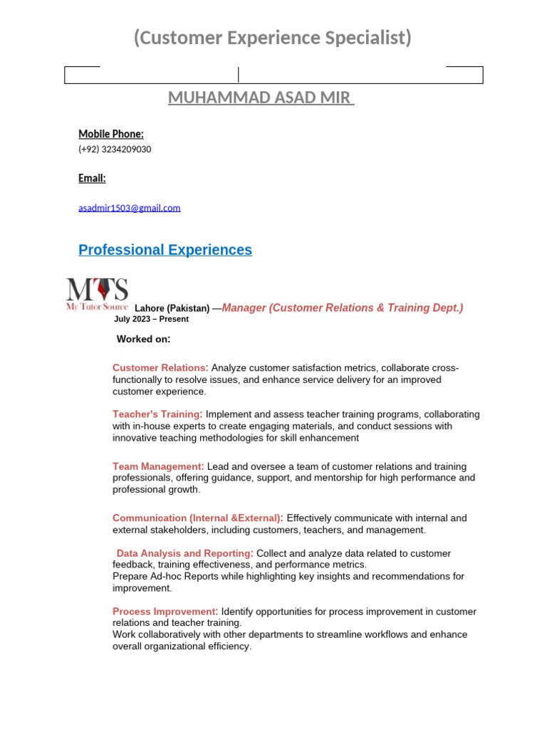 Muhammad Asad Mir: Career Overview | PDF | Customer Relationship ...
