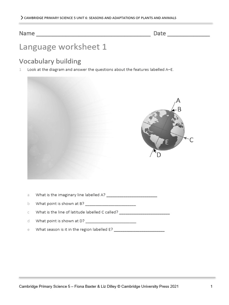 Science Stage 5 - Worksheet - Unit 6 - Season and Adaptations of Plans ...