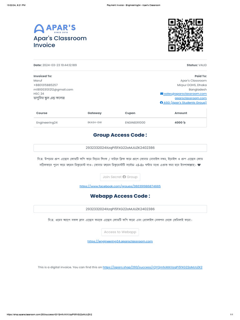 Payment Invoice - Engineering24 - Apar's Classroom | PDF