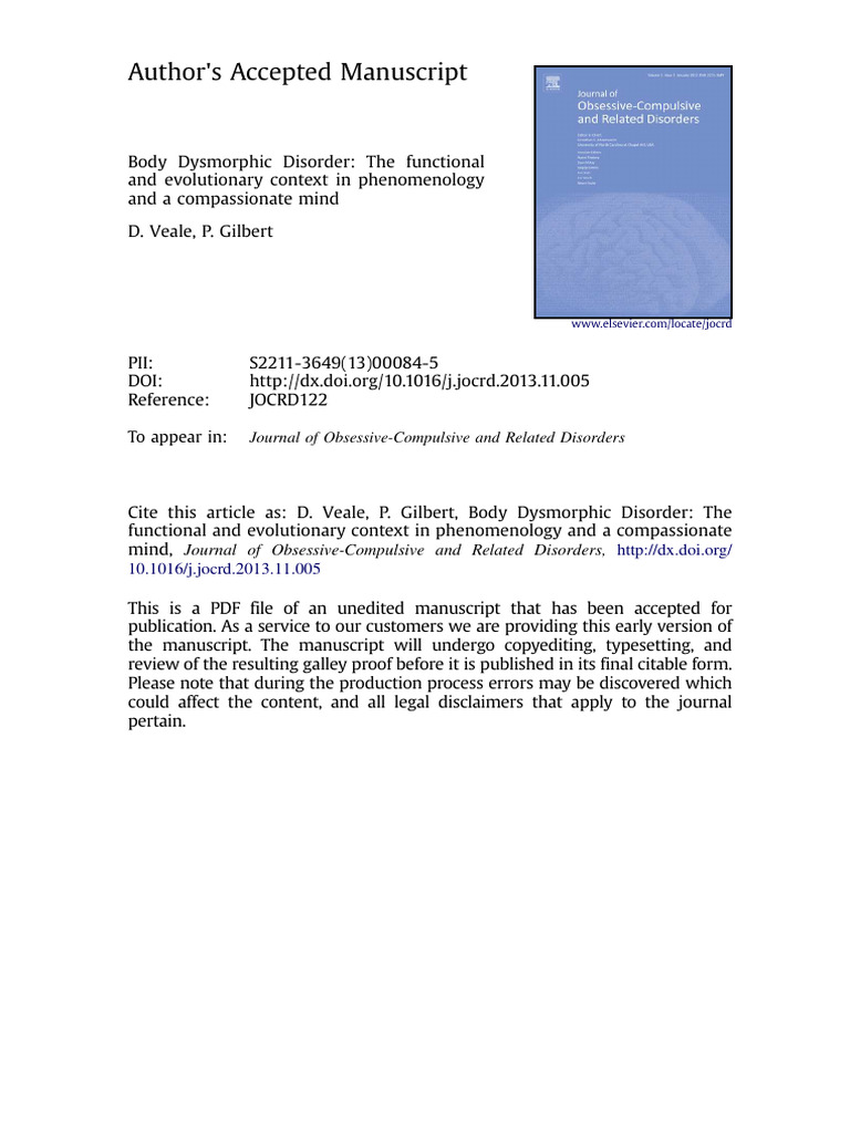 Body Dysmorphic Disorder The Functional | PDF | Obsessive–Compulsive Disorder | Anxiety