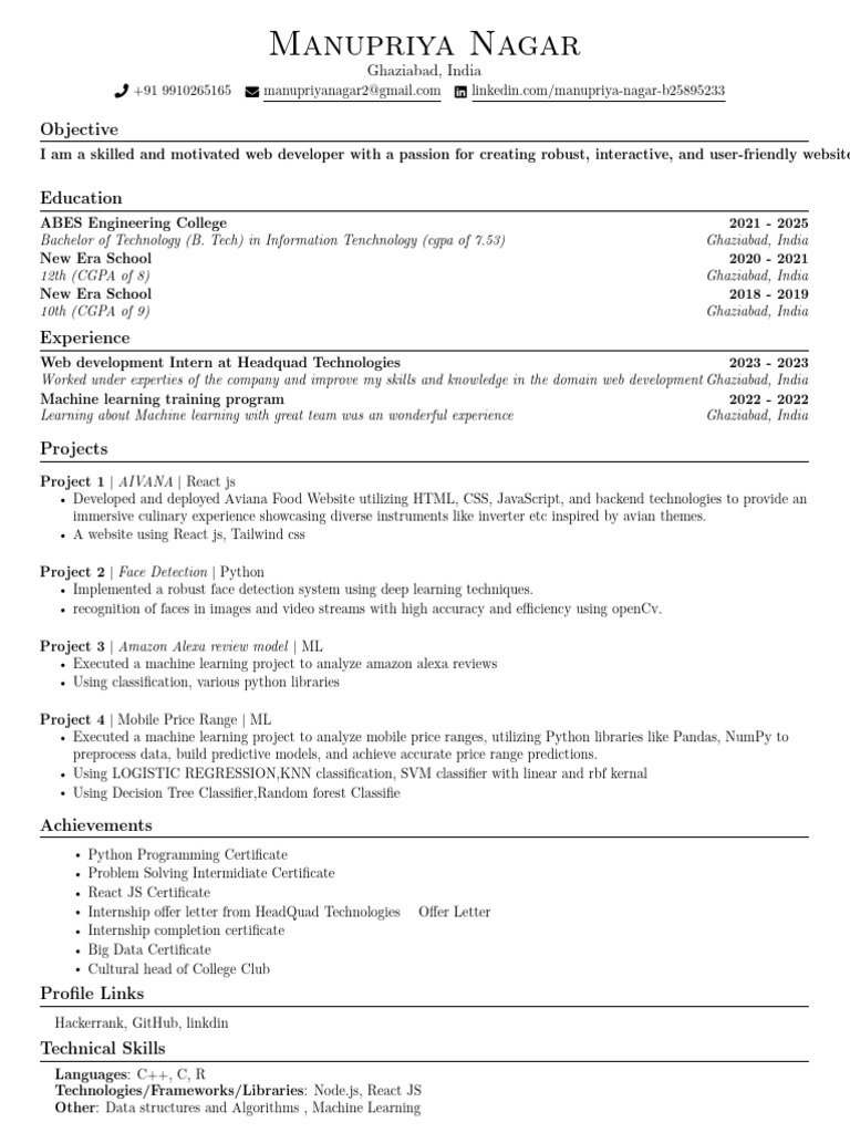 Manupriya Resume | PDF | Machine Learning | Statistical Classification