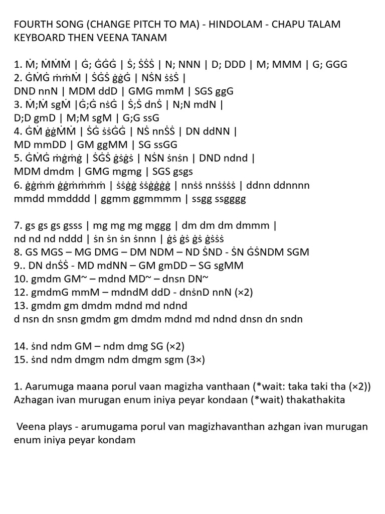 Fourth Song (Change Pitch To Ma) - Hindolam - Chapu Talam | PDF