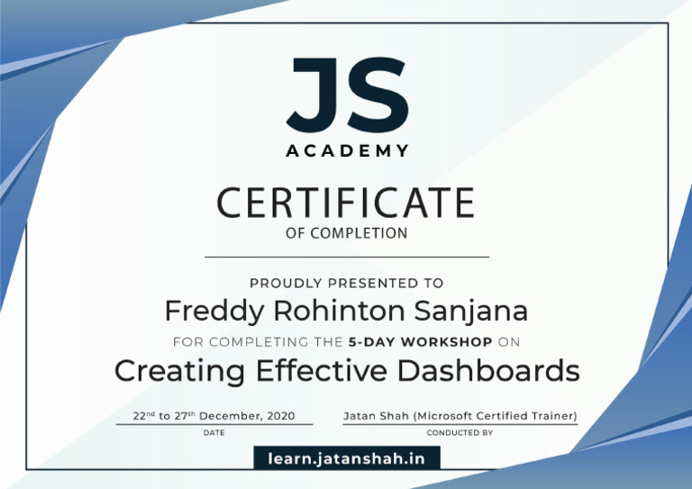 Creating Effective Dashboards Certificate - Freddy Rohinton Sanjana (2) | PDF