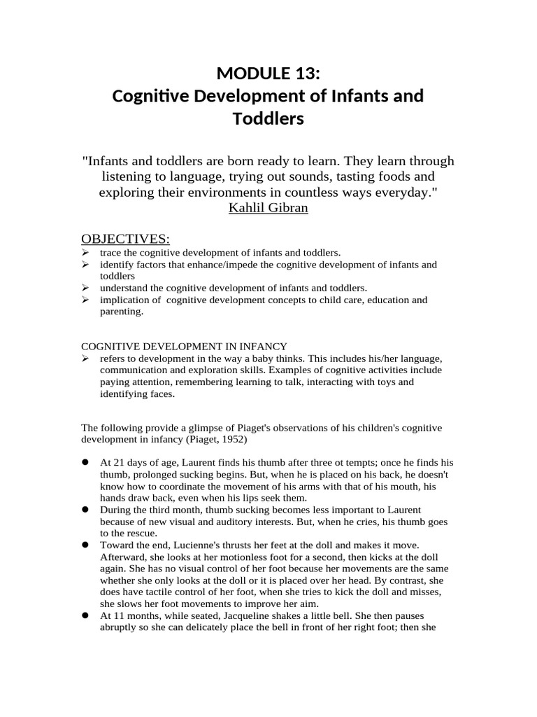 MODULE 13.docx Cognitive Development of Infants and Toddlers | PDF ...