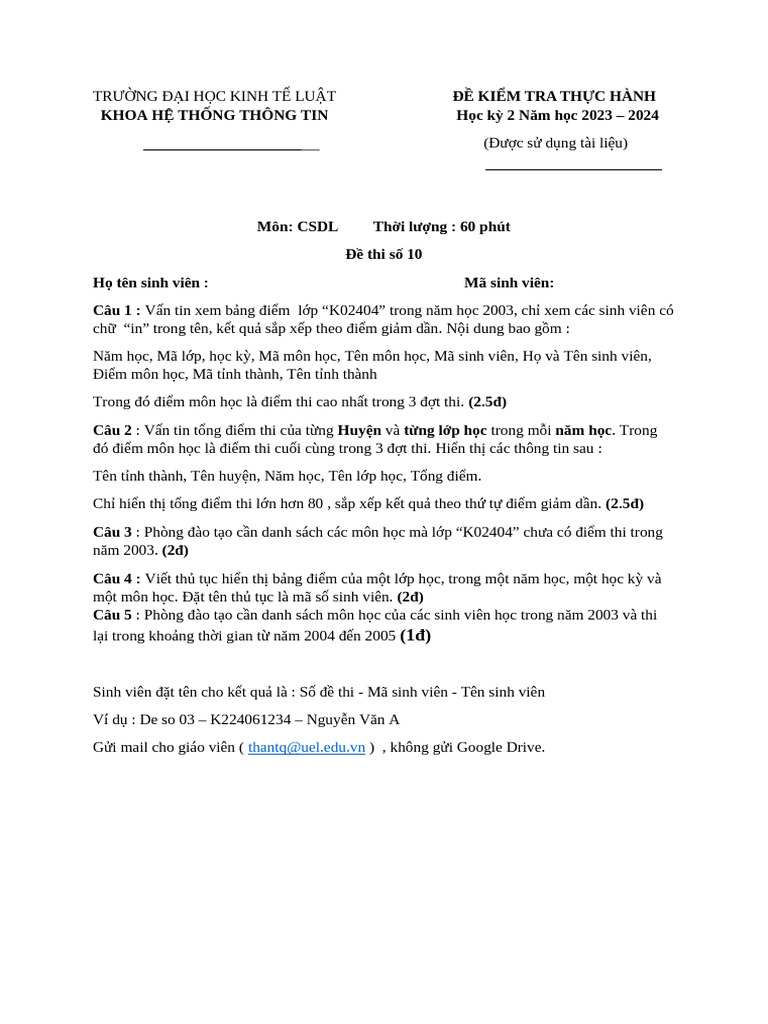 De So 10 - de Thi Giua Ky - Quan Ly Sinh Vien | PDF