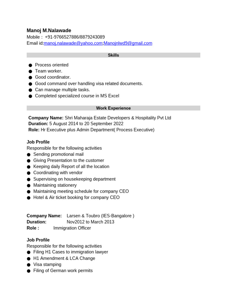 Manoj Resume 1 | PDF | Travel Visa