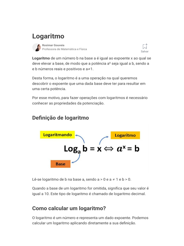 Definição e Propriedades do Logaritmo | PDF | Logaritmo | Exponenciação