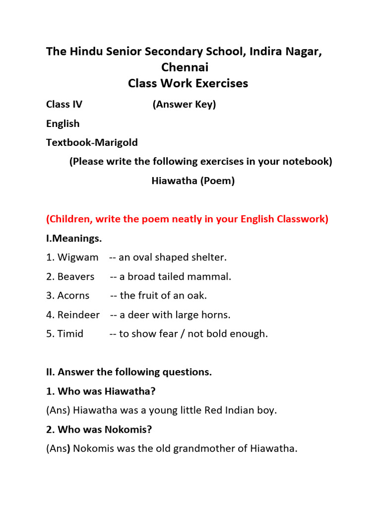 Hiawatha Poem Class 4 Exercises | PDF