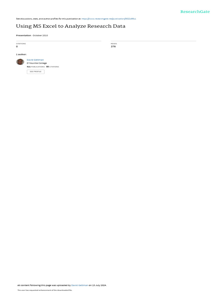 UsingMSExceltoAnalyzeResearchData October62010 DR - Davidgettman | PDF | Statistics | Microsoft ...