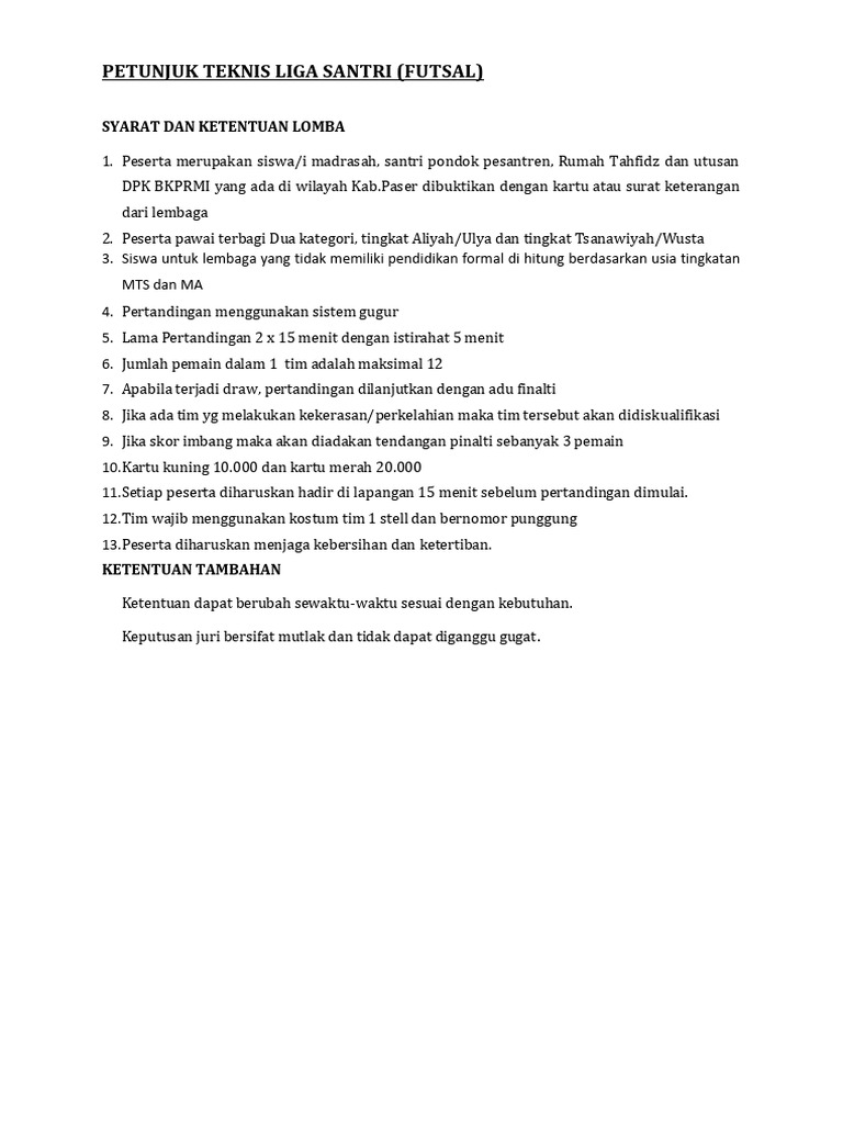 Syarat dan Ketentuan Liga Santri Futsal | PDF