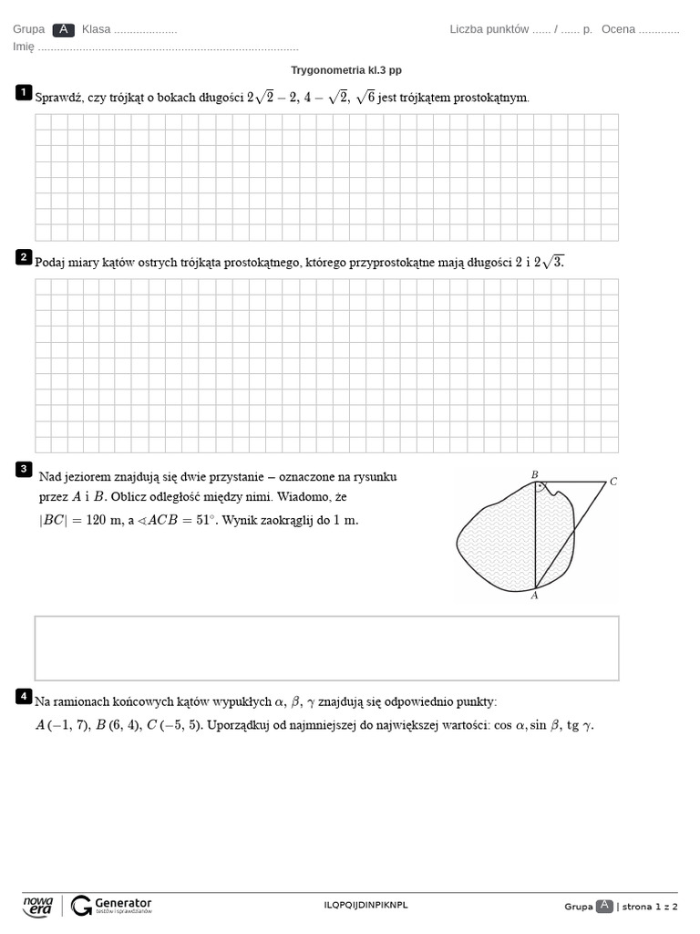 Trygonometria kl.3 PP Test (Bez Widocznej Punktacji) | PDF