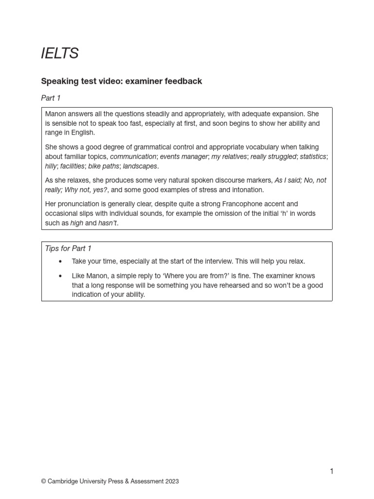 IELTS Speaking Test - Manon - Examiner Feedback | PDF | Linguistics ...