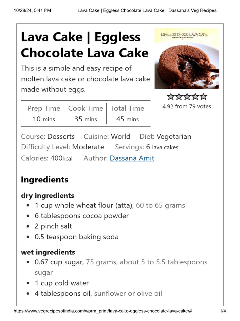 Lava Cake - Eggless Chocolate Lava Cake - Dassana's Veg Recipes | PDF ...