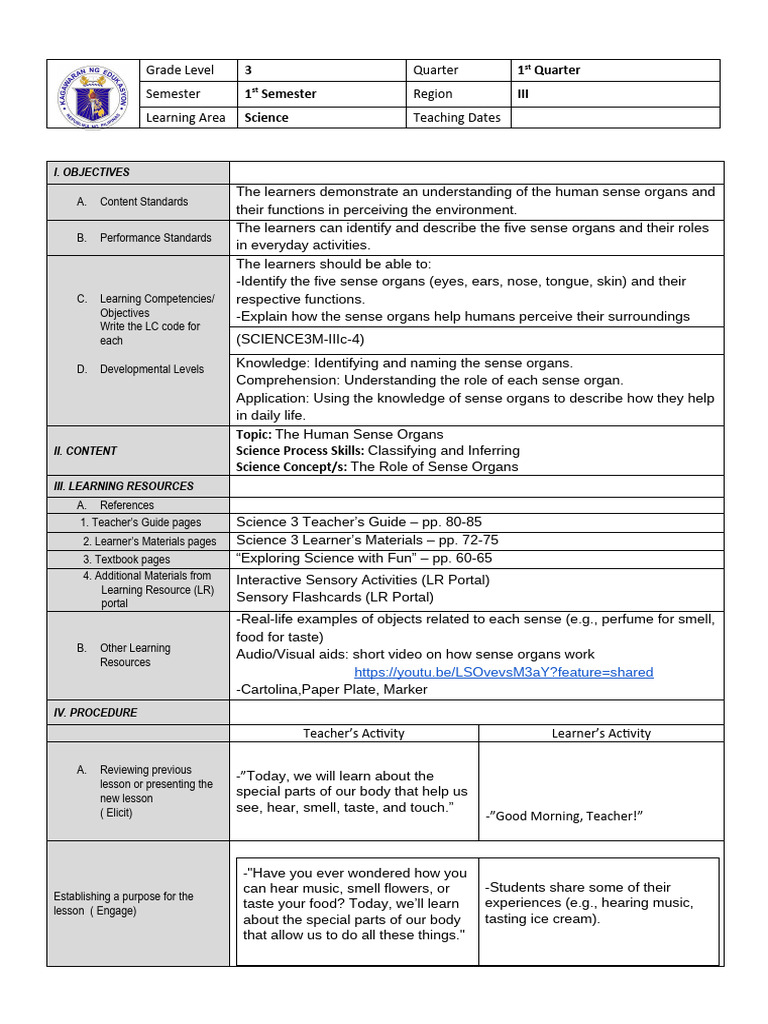 Detailed Lesson Plan SCIENCE | PDF | Senses | Learning