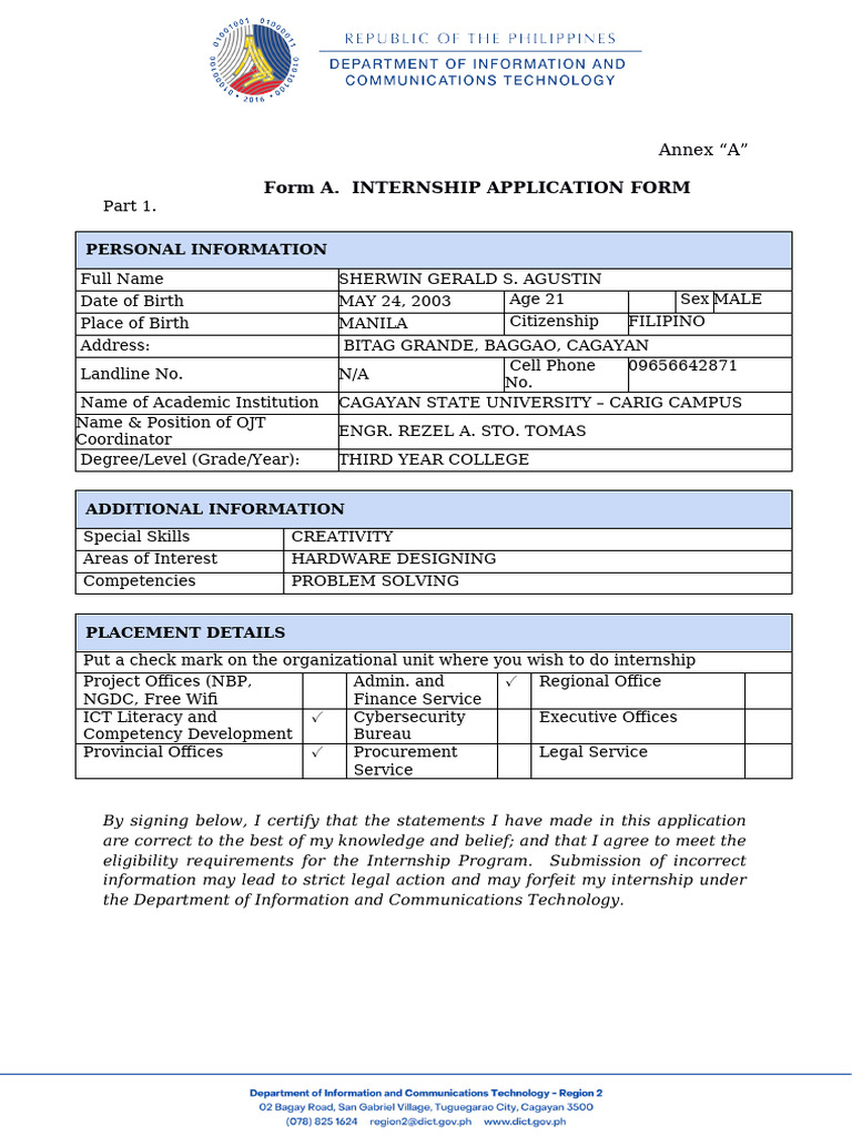 Internship Program Annex A C Application Form 1 | PDF