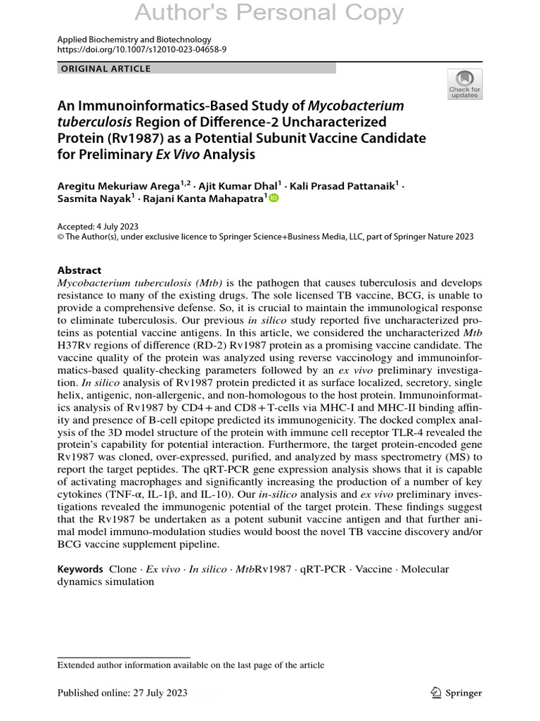 An Immunoinformatics-Based Study of Mycobacterium Tuberculosis Region of Difference-2 ...