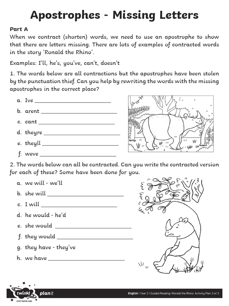 Apostrophes Missing Letters Activity Sheet | PDF | Typographical ...