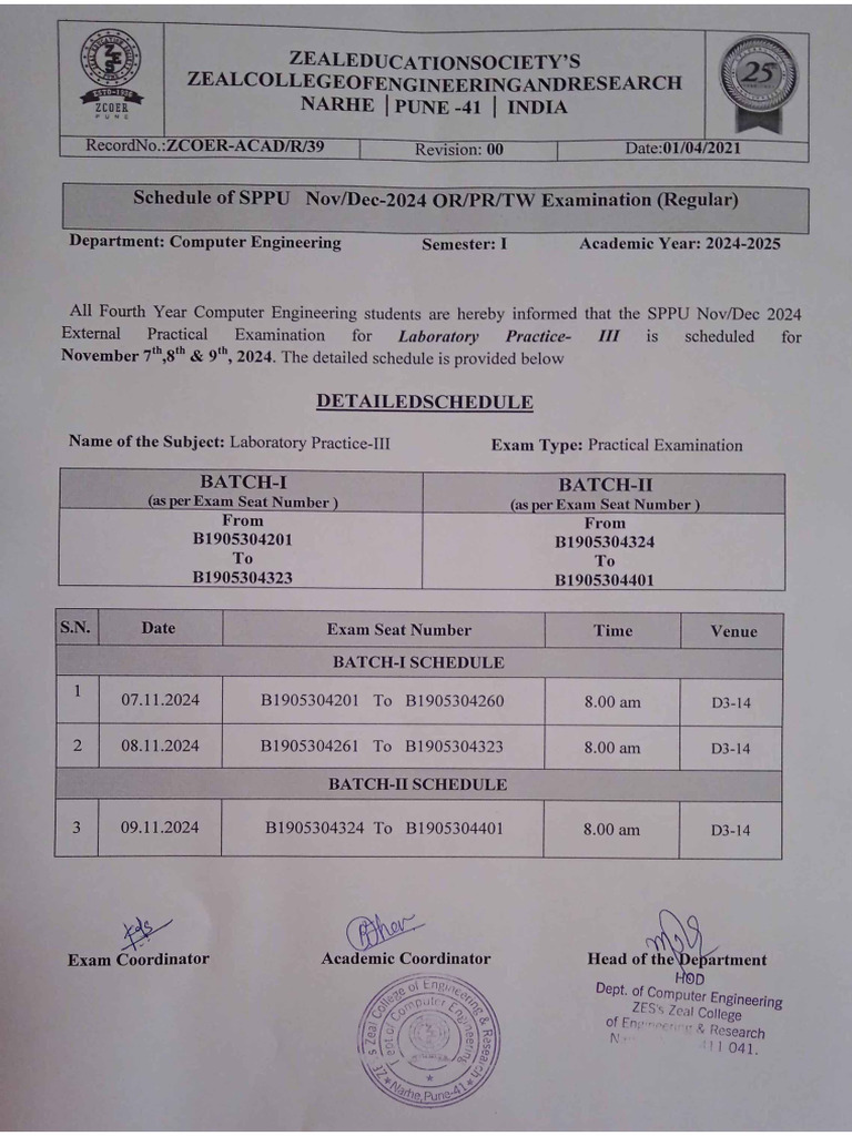 SPPU Nov-Dec 2024 External PR For LP-III Schedule | PDF