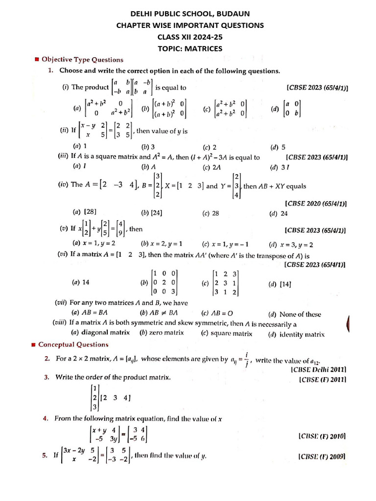 Important Questions Matrices Class Xii | PDF
