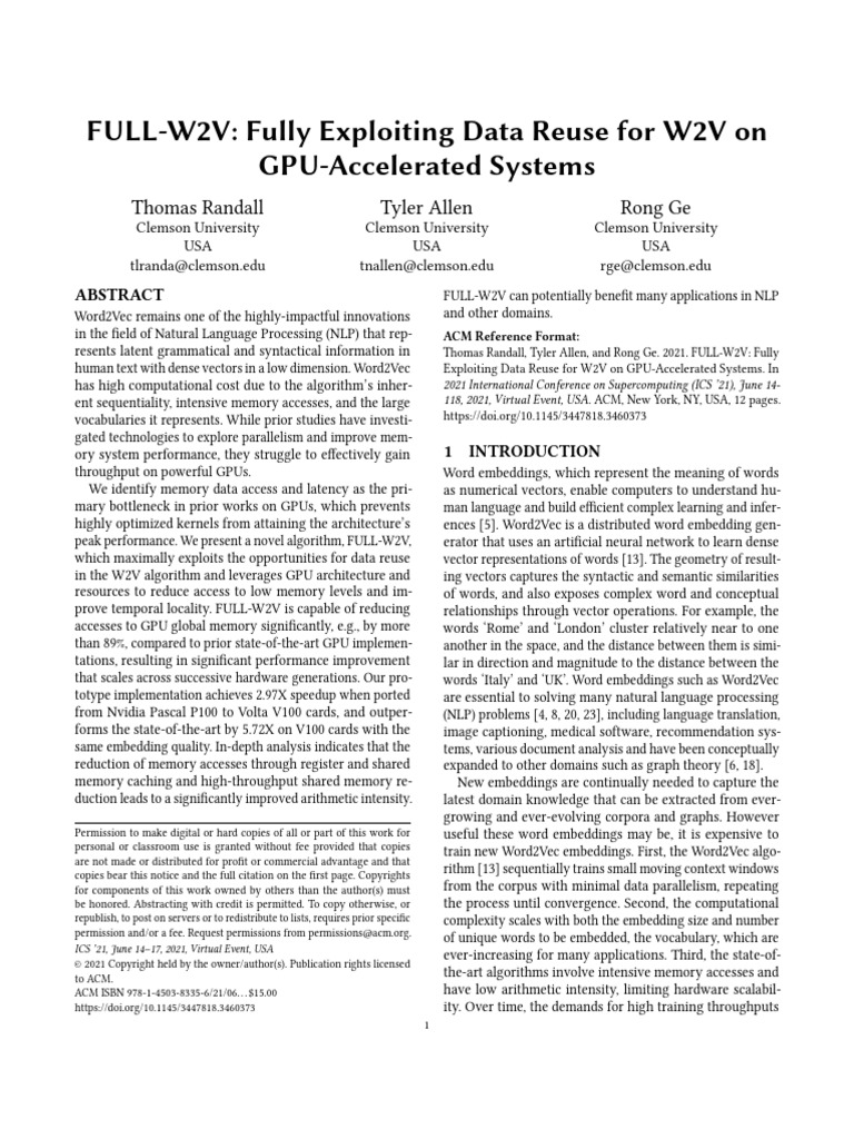 FULL-W2V: Fully Exploiting Data Reuse For W2V On GPU-Accelerated Systems | PDF | Graphics ...