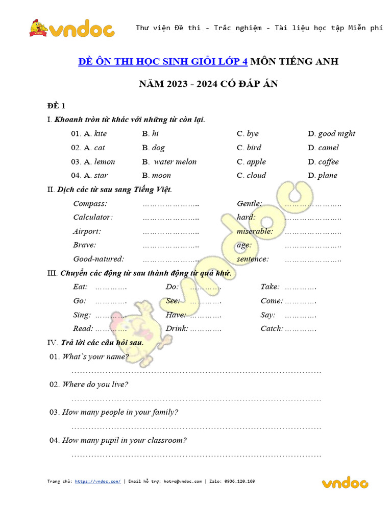 Bo de Thi Hoc Sinh Gioi Tieng Anh Lop 4 Nam 2024 | PDF