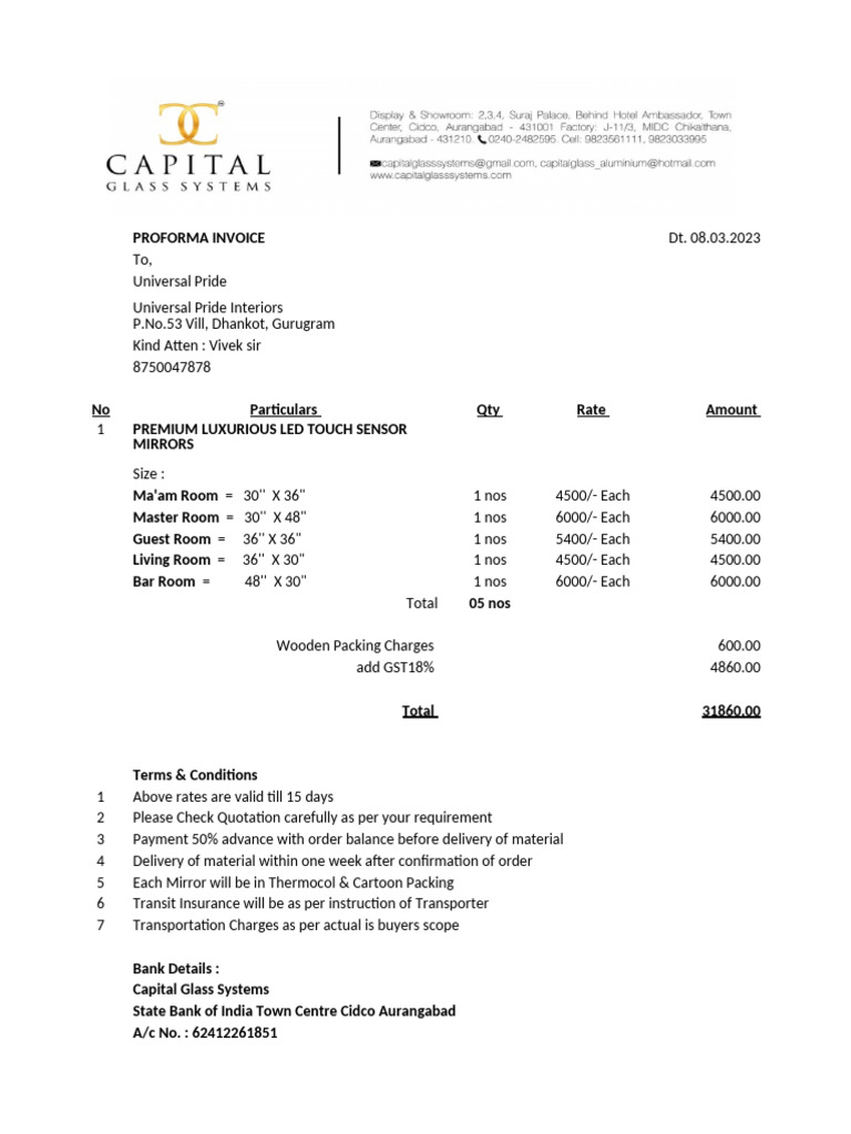 Proforma Invoice for LED Touch Mirrors | PDF