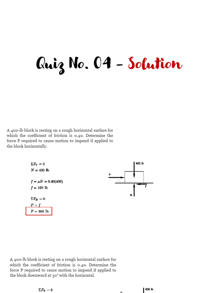 Friction Force Calculations Quiz Solutions | PDF