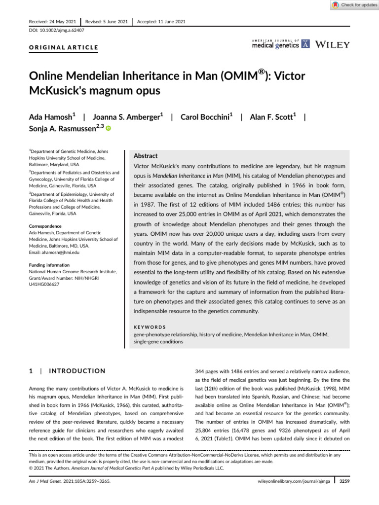American J of Med Genetics PT A - 2021 - Hamosh - Online Mendelian ...