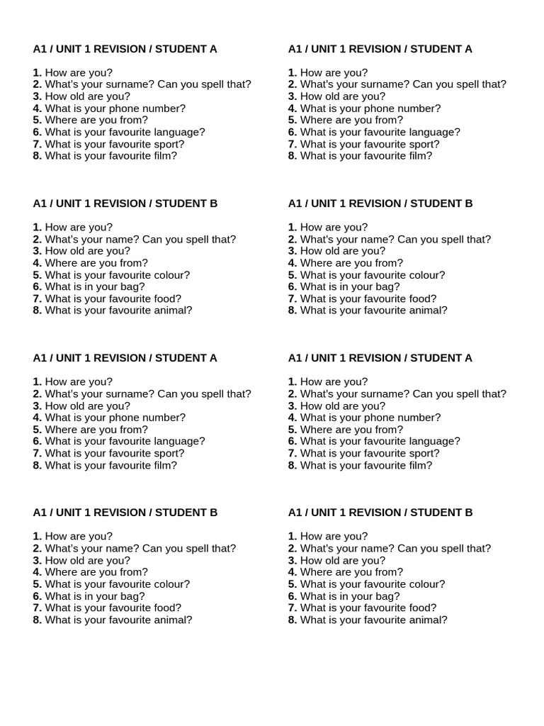 A1 3rd Edition Unit 1 Warm Up Revision | PDF