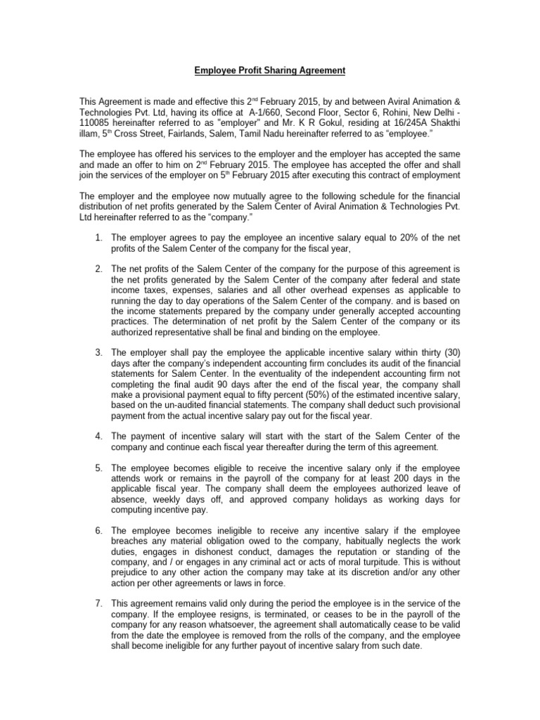 Employee Profit Sharing Agreement | PDF | Employment | Payroll