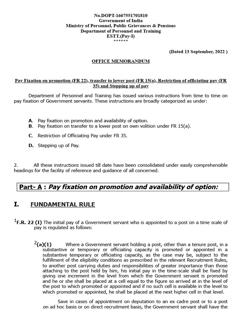 Pay Fixation On Promotion (FR 22), Transfer To Lower Post (FR 15 (A ...