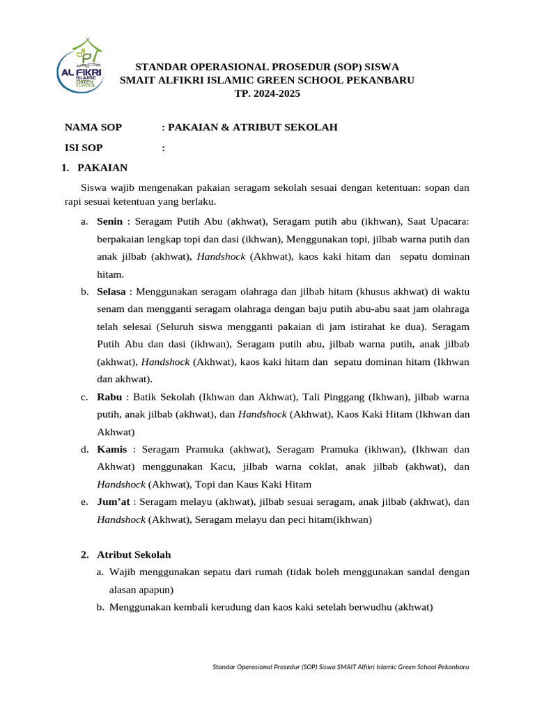 SOP Pakaian dan Disiplin Siswa SMAIT | PDF