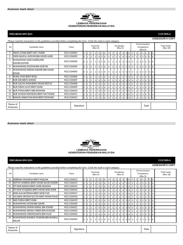 Speaking Test Assessor Mark Sheet SPM 2024 Trial | PDF