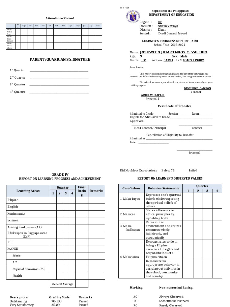 SF-9-ES-Learners-Progress-Report-Card | PDF