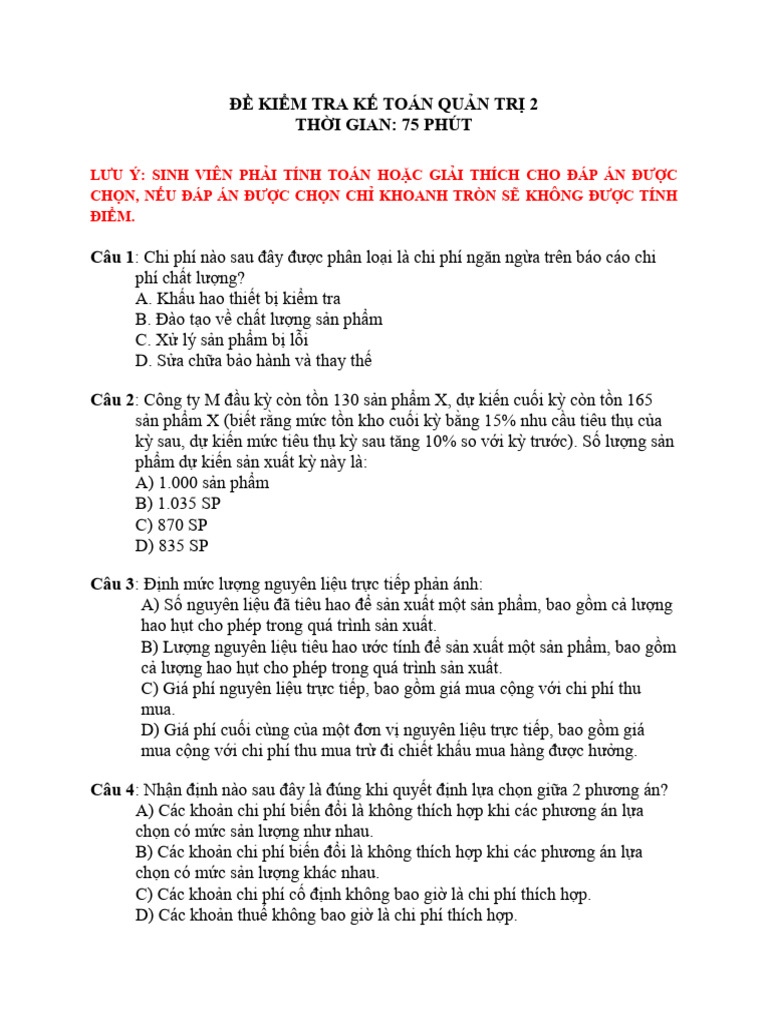 ĐỀ KIỂM TRA KẾ TOÁN QUẢN TRỊ 2 | PDF