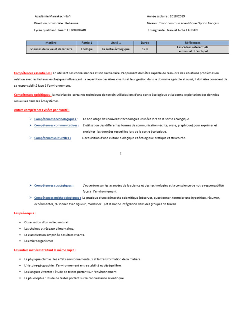 Sortie Ecologique Fiche Pedagogique SVT Tronc Commun Sciences PDF 1 ...