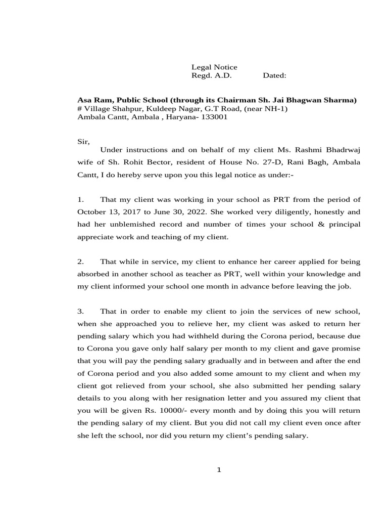 Legal Notice for Salary Recovery | PDF | Public Law | Common Law