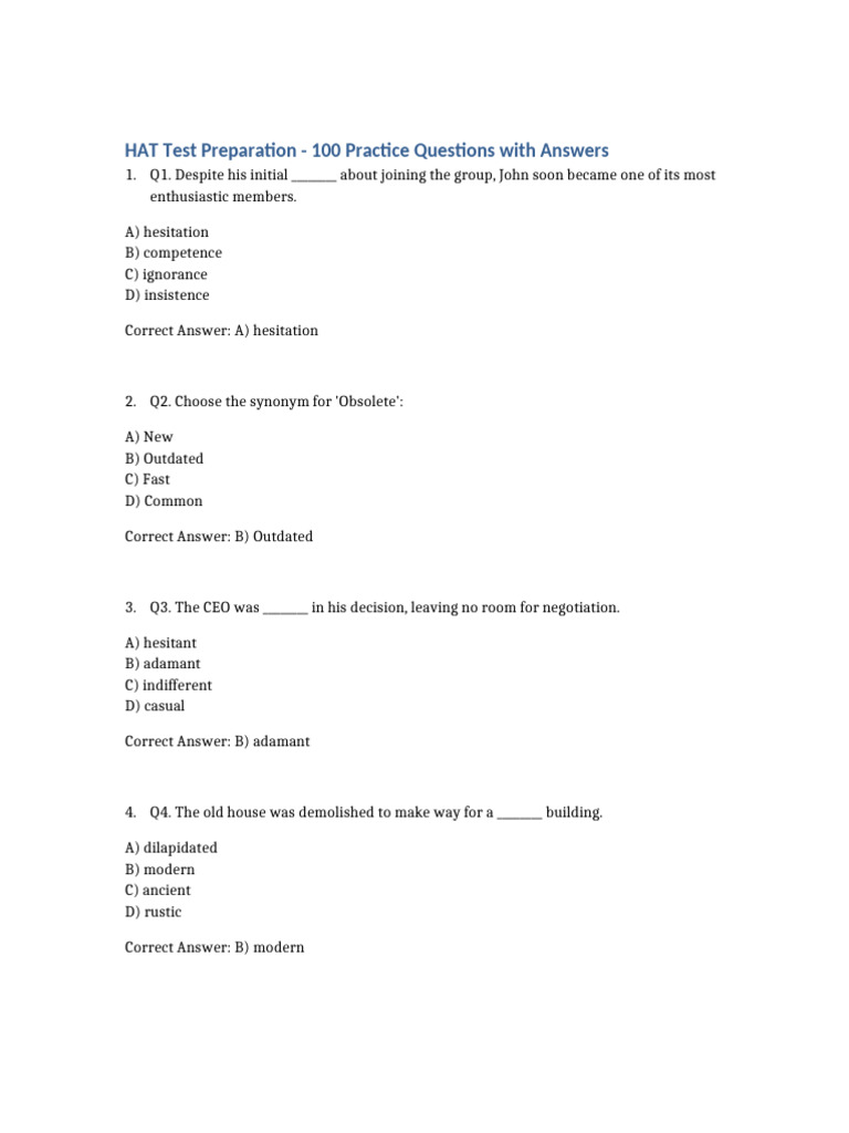 HAT Test Preparation 100 Questions Final | PDF